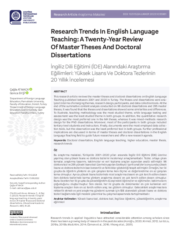 (PDF) Research Trends In English Language Teaching: A Twenty-Year Review Of Master Theses And ...