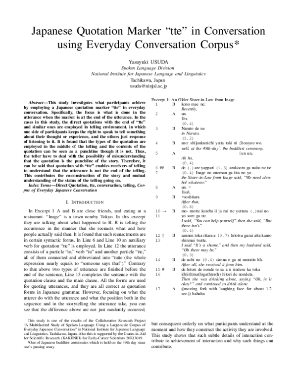 Pdf Japanese Quotation Marker Tte In Conversation Using Everyday Conversation Corpus