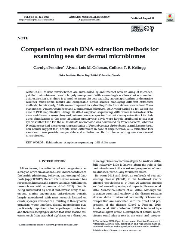(PDF) Comparison of swab DNA extraction methods for examining sea star ...