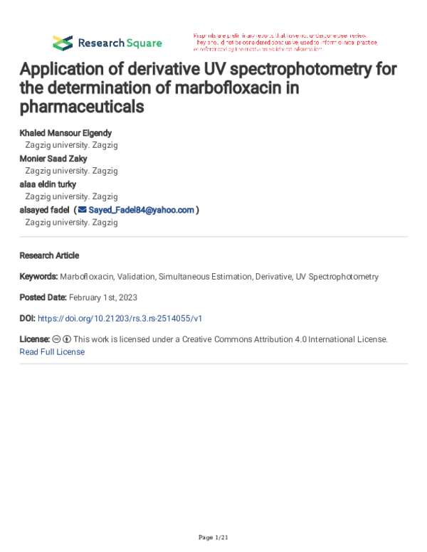 Pdf Application Of Derivative Uv Spectrophotometry For The Determination Of Marbofloxacin In