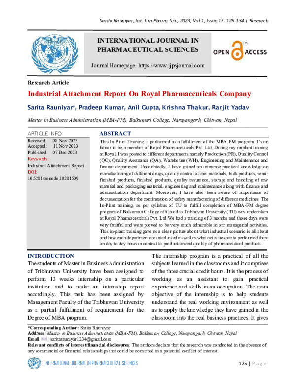 (PDF) Industrial Attachment Report On Royal Pharmaceuticals Company