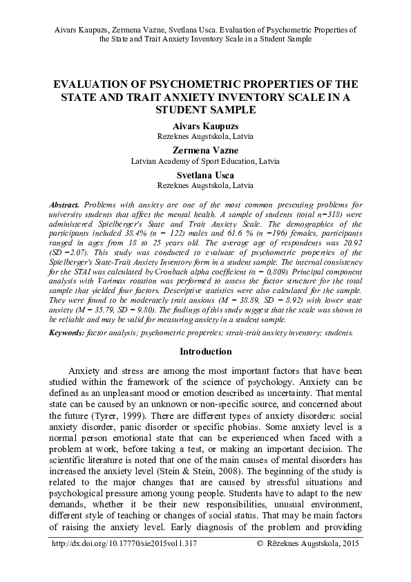 (PDF) Evaluation of Psychometric Properties of the State and Trait ...