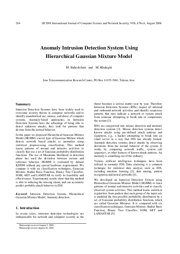 (PDF) Anomaly Intrusion Detection System Using Gaussian Mixture Model