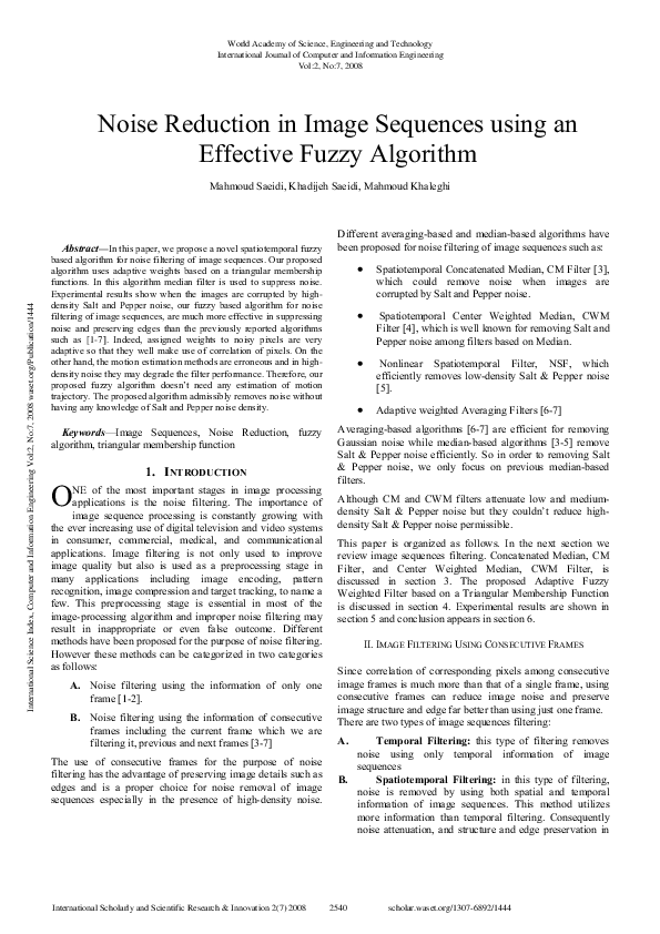 (PDF) Noise Reduction in Image Sequences using an Effective Fuzzy Algorithm