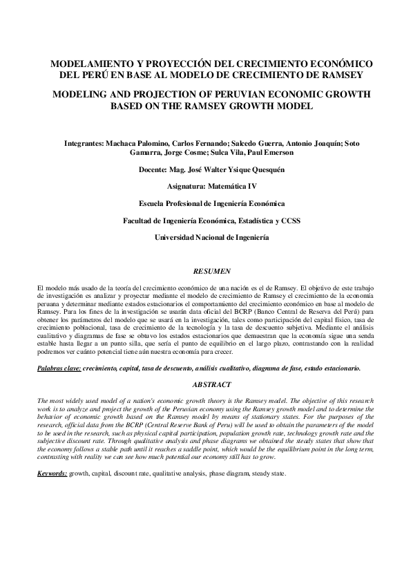 (PDF) MODELAMIENTO Y PROYECCIÓN DEL CRECIMIENTO ECONÓMICO DEL PERÚ EN BASE AL MODELO DE ...