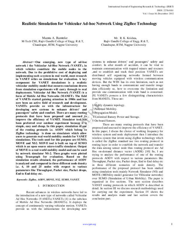 (PDF) Realistic Simulation for Vehicular Ad-hoc Network Using ZigBee Technology