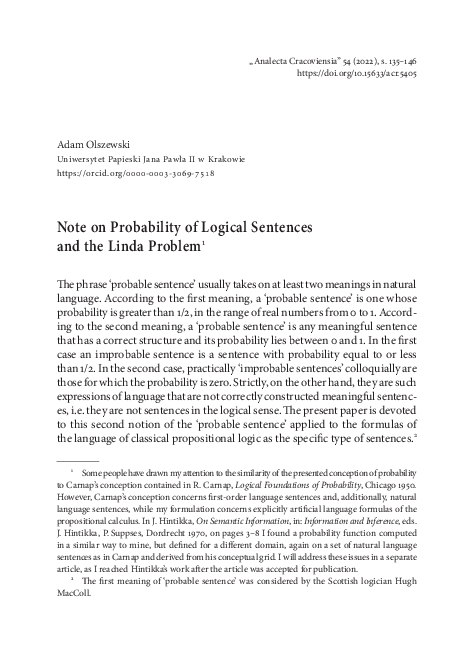 (PDF) Note on Probability of Logical Sentences and the Linda Problem