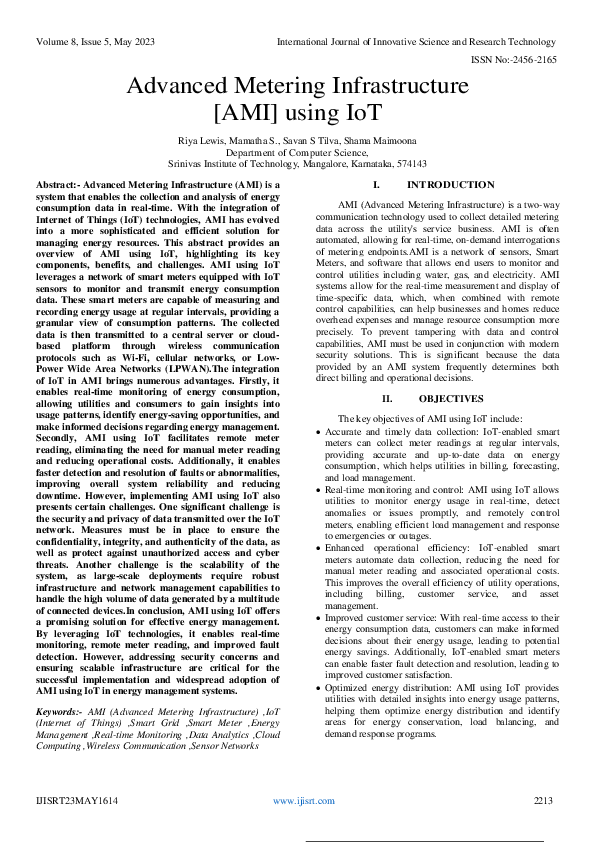 Pdf Advanced Metering Infrastructure [ami] Using Iot