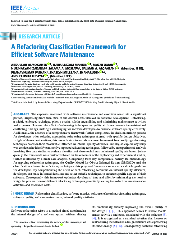 (PDF) A Refactoring Classification Framework for Efficient Software Maintenance