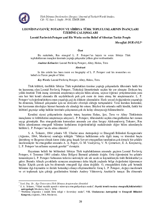(PDF) Leonid Pavlovich Potapov and His Works on the Belief of Siberian ...