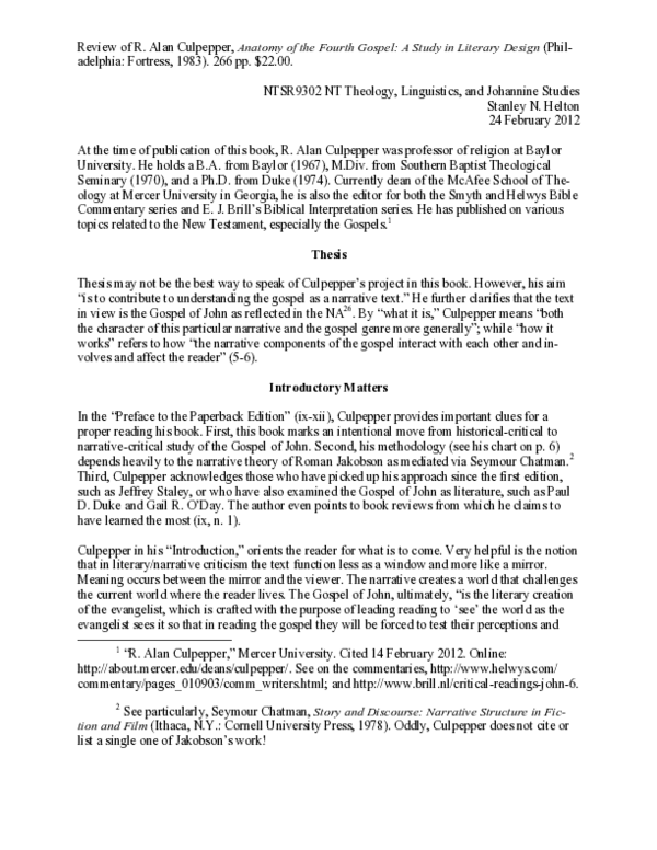 (PDF) Review of R. Alan Culpepper, Anatomy of the Fourth Gospel: A ...