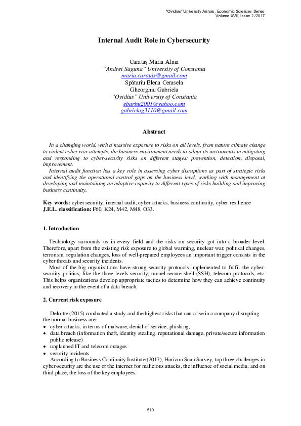 (PDF) Internal Audit Role in Cybersecurity
