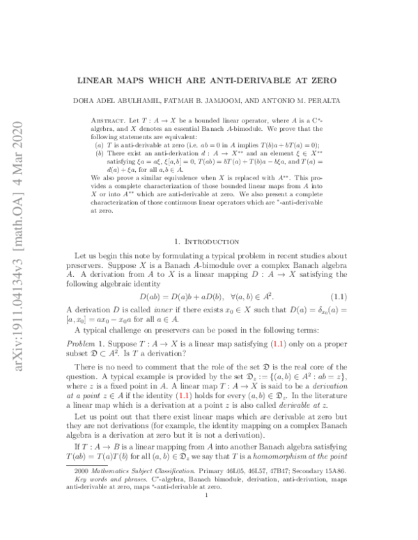 (PDF) Linear maps which are anti-derivable at zero