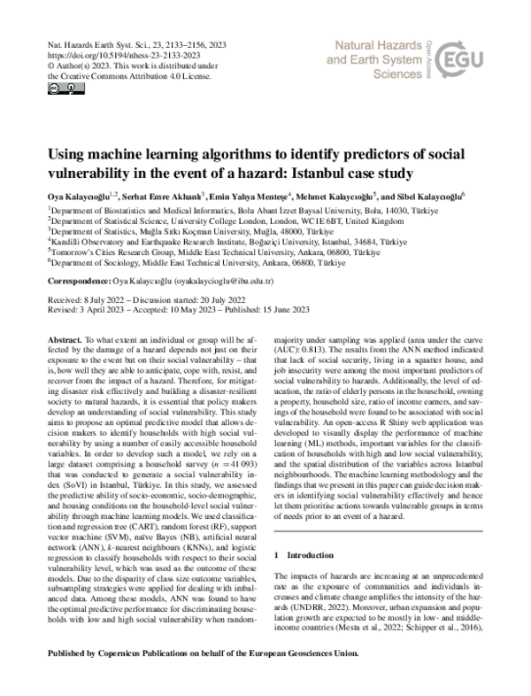 (PDF) Using machine learning algorithms to identify predictors of social vulnerability in the ...