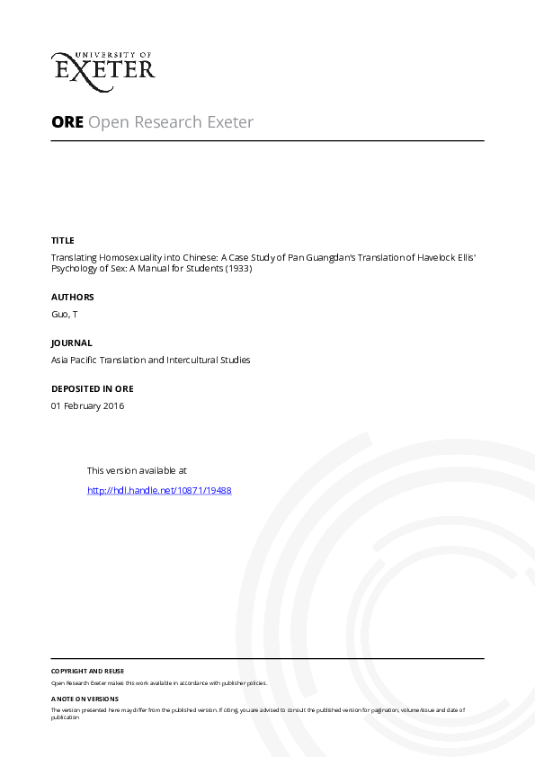 (PDF) Translating homosexuality into Chinese: a case study of Pan ...