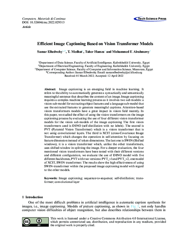 Pdf Efficient Image Captioning Based On Vision Transformer Models