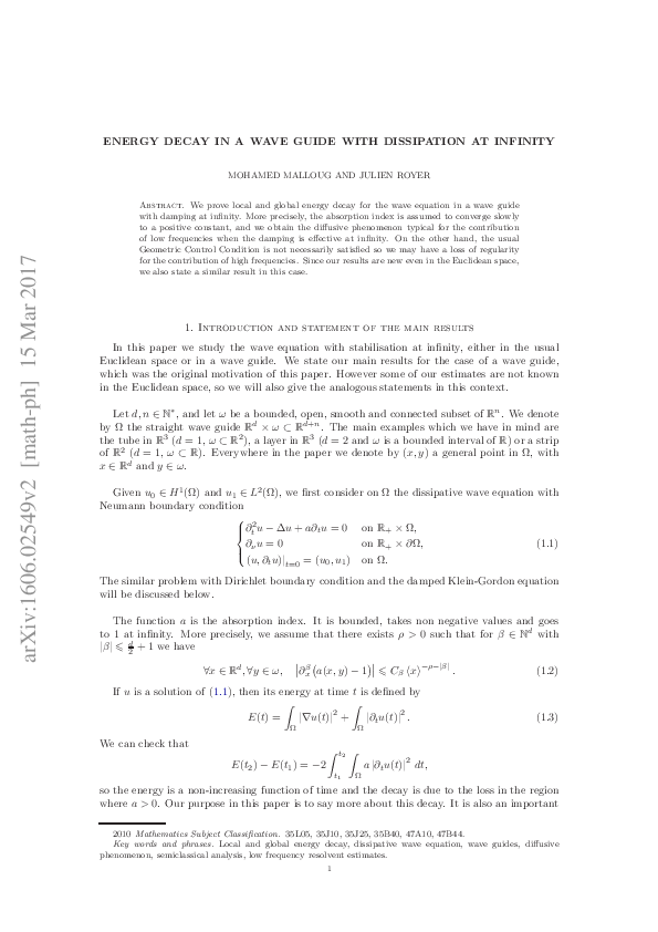 (PDF) Energy Decay in a Wave Guide with Dissipation at Infinity