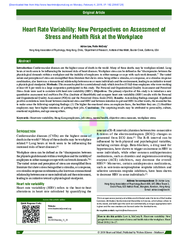 (PDF) Heart rate variability: New perspectives on assessment of stress ...