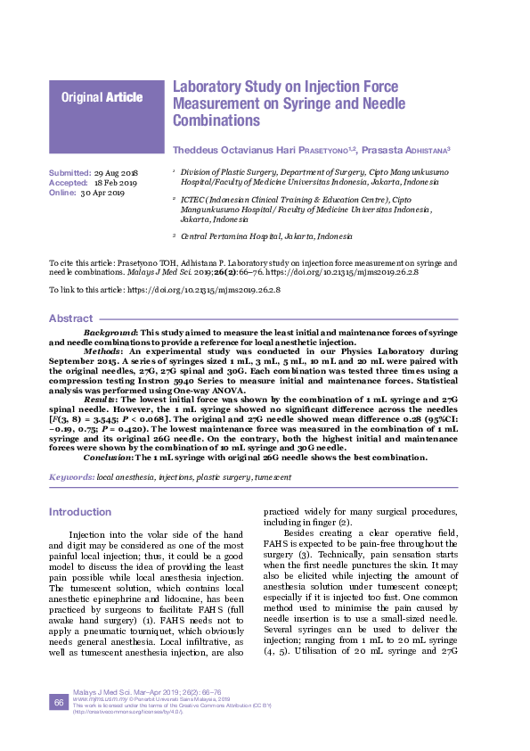 (PDF) Laboratory Study on Injection Force Measurement on Syringe and Needle Combinations