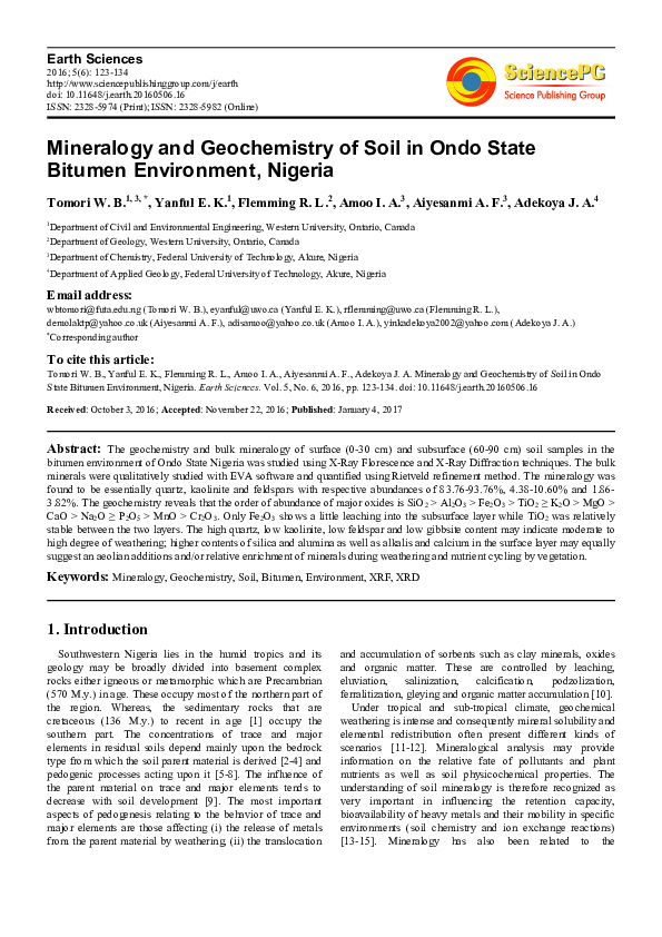 (PDF) Mineralogy and Geochemistry of Soil in Ondo State Bitumen ...