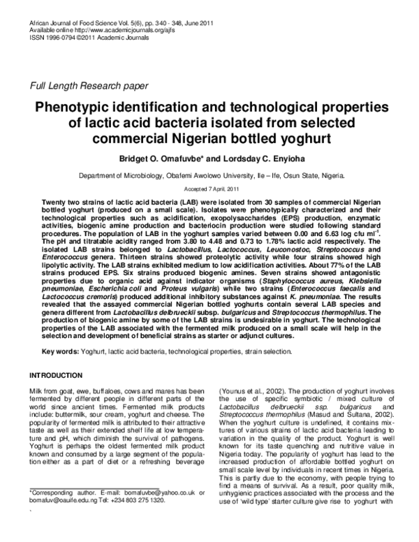 (PDF) Phenotypic identification and technological properties of lactic ...