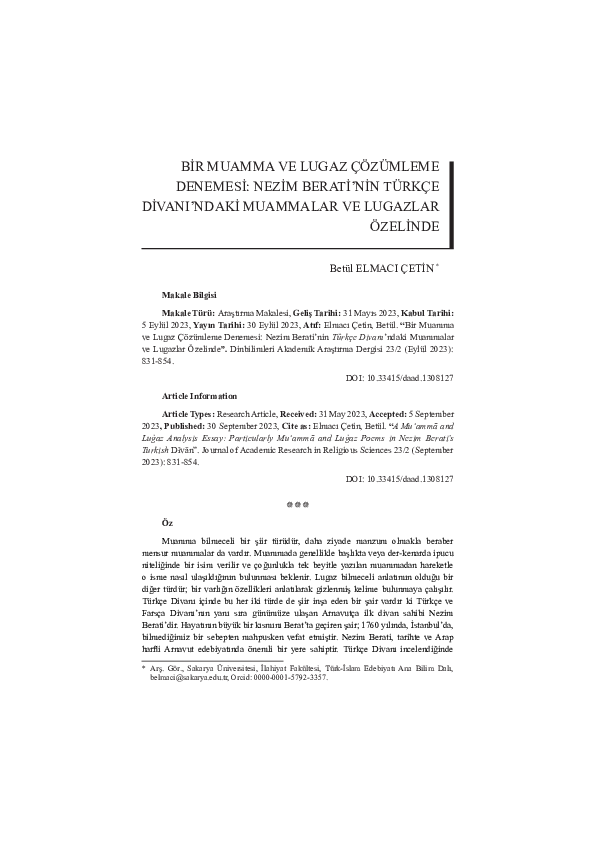 (PDF) BİR MUAMMA VE LUGAZ ÇÖZÜMLEME DENEMESİ: NEZİM BERATİ'NİN TÜRKÇE ...
