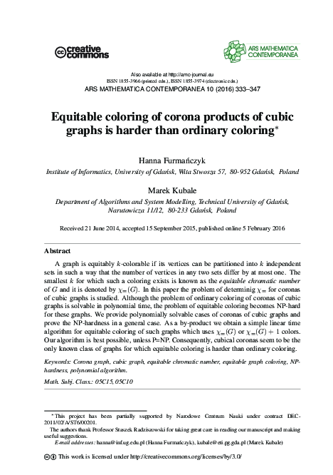 (PDF) Equitable coloring of corona products of cubic graphs is harder than ordinary coloring