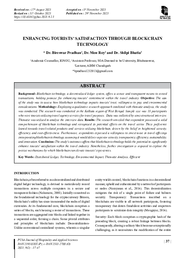 (PDF) ENHANCING TOURISTS' SATISFACTION THROUGH BLOCKCHAIN TECHNOLOGY ...