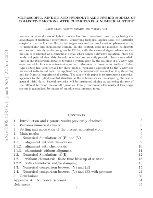 (PDF) Microscopic, kinetic and hydrodynamic hybrid models of collective motions with chemotaxis ...