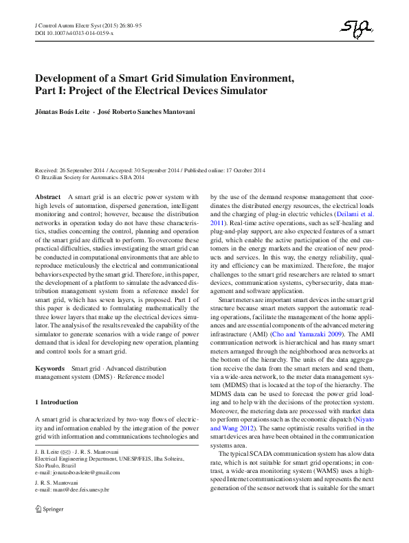 (PDF) Development of a Smart Grid Simulation Environment, Part I: Project of the Electrical ...