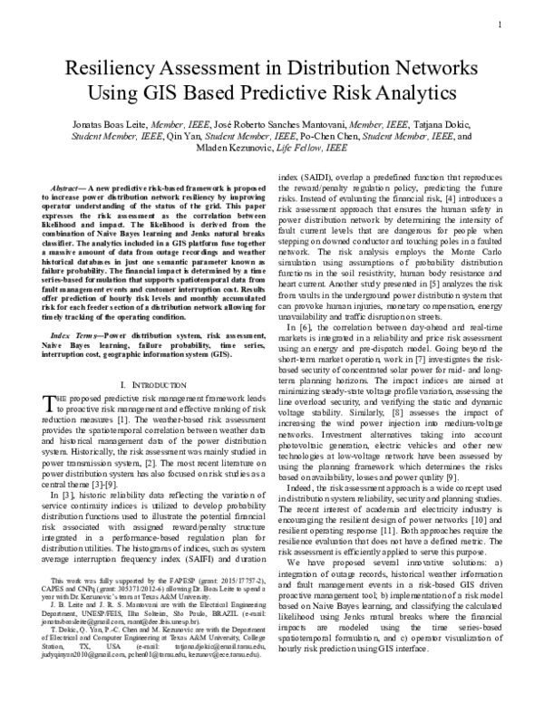 (PDF) Resiliency Assessment in Distribution Networks Using GIS-Based Predictive Risk Analytics