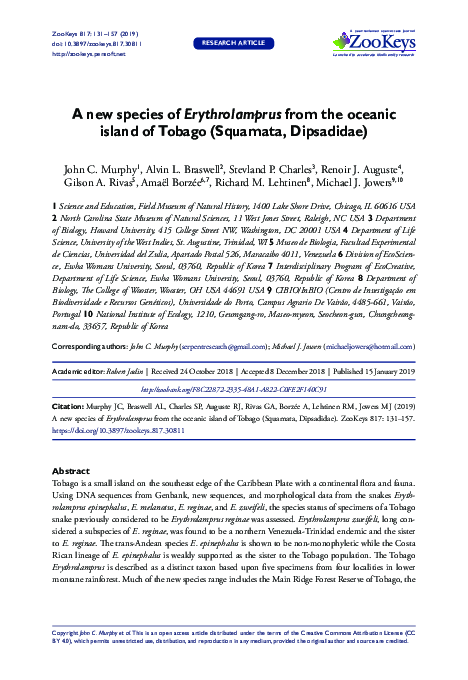 (PDF) A new species of Erythrolamprus from the oceanic island of Tobago ...