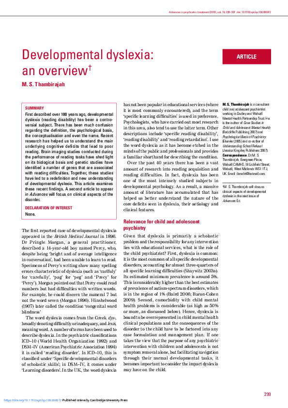 (PDF) Developmental dyslexia: an overview