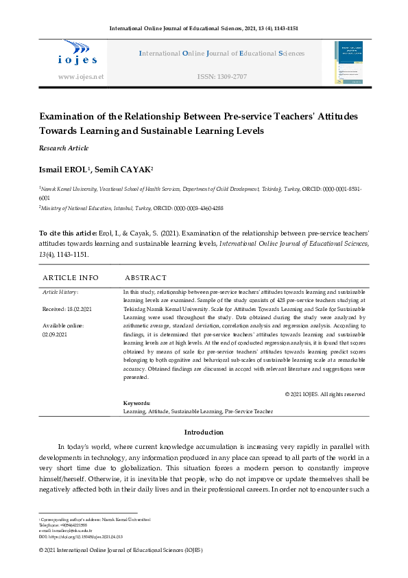 (PDF) Examination of the Relationship Between Pre-service Teachers' Attitudes Towards Learning ...