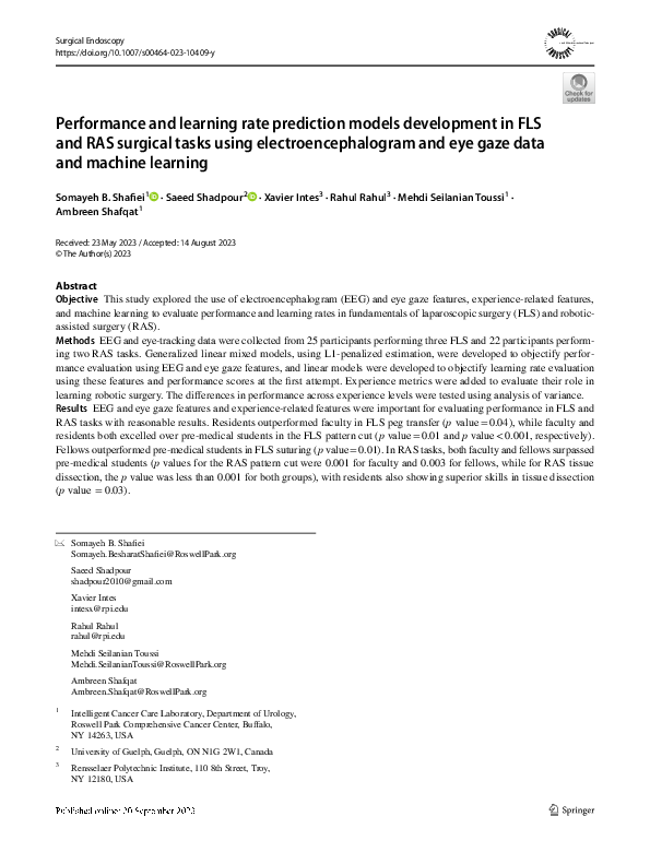 (PDF) Performance and learning rate prediction models development in FLS and RAS surgical tasks ...