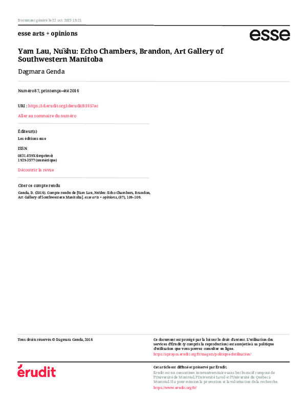 (PDF) Yam Lau, Nüshu: Echo Chambers, Brandon, Art Gallery of ...