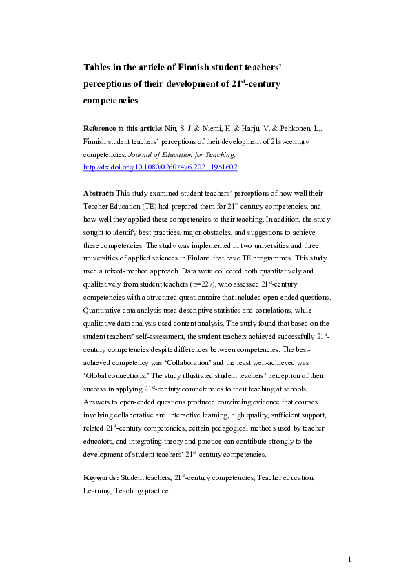 (PDF) Tables in the article of Finnish student teachers’ perceptions of their development of ...