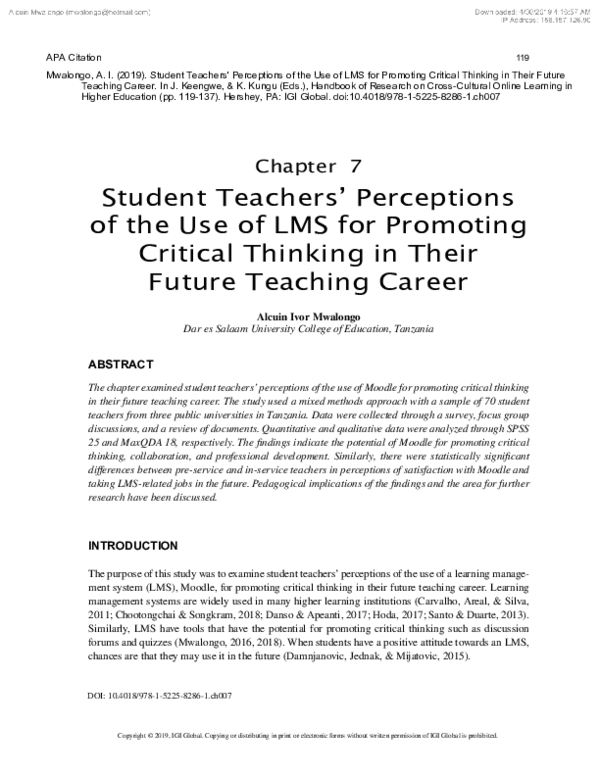 (PDF) Student Teachers' Perceptions of the Use of LMS for Promoting Critical Thinking in Their ...
