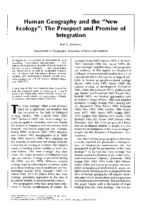 (PDF) Human Geography and the “New Ecology”: The Prospect and Promise of Integration