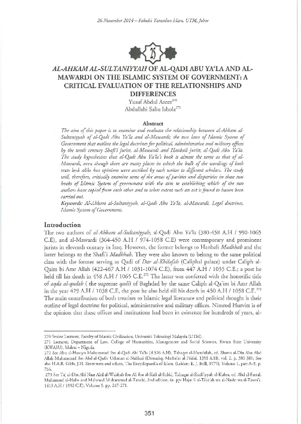 (PDF) Al-Ahkamal-Sultaniyyah Ofal-Qadi Abu Ya'la and Al-Mawardi on the islamic system of ...