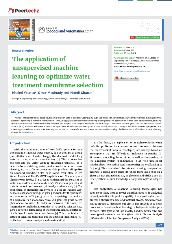 (PDF) The application of unsupervised machine learning to optimize water treatment membrane ...