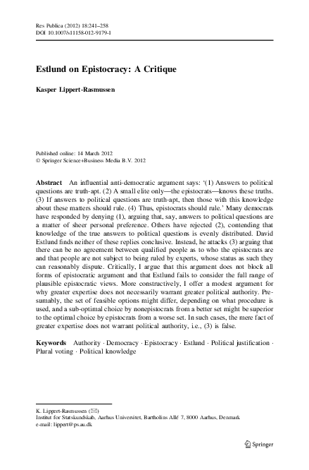 (PDF) Estlund on Epistocracy: A Critique