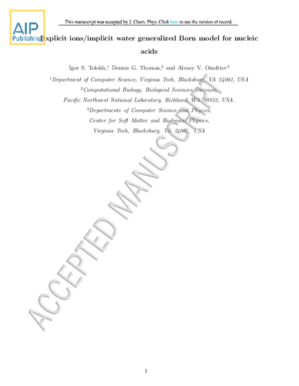 (PDF) Explicit ions/implicit water generalized Born model for nucleic acids