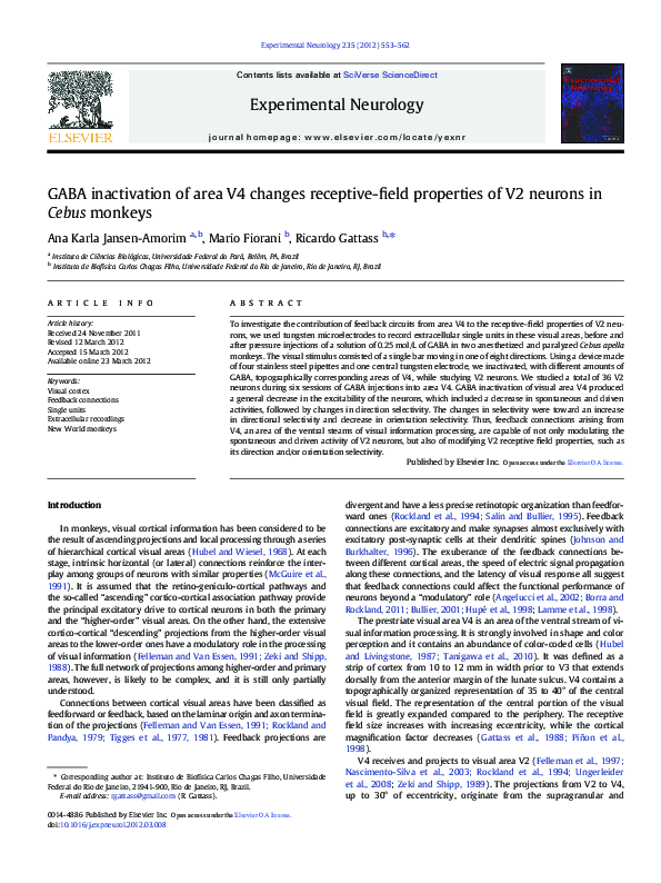 (PDF) GABA inactivation of area V4 changes receptive-field properties of V2 neurons in Cebus monkeys