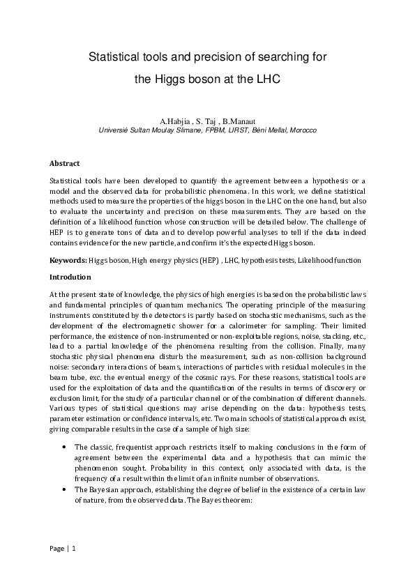 (PDF) Statistical tools and precision of searching for the Higgs boson at the LHC