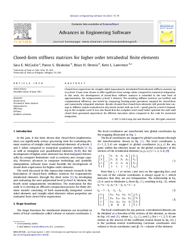 (PDF) Closed-form stiffness matrices for higher order tetrahedral finite elements