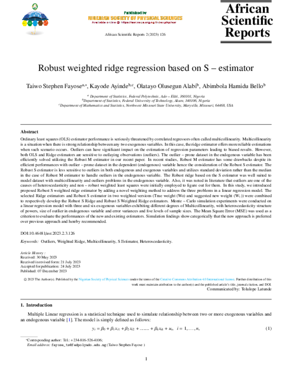 (PDF) Robust weighted ridge regression based on S – estimator | Taiwo S T E P H E N Fayose and ...