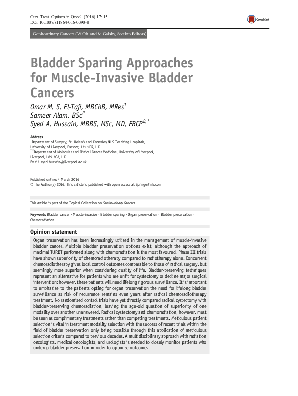 (PDF) Bladder Sparing Approaches for Muscle-Invasive Bladder Cancers
