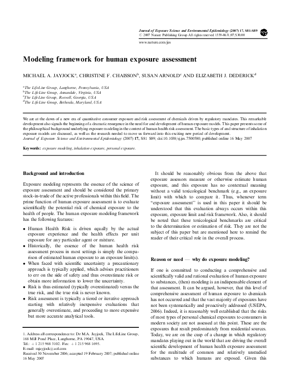 (PDF) Modeling framework for human exposure assessment