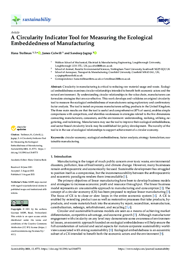 (PDF) A Circularity Indicator Tool for Measuring the Ecological Embeddedness of Manufacturing